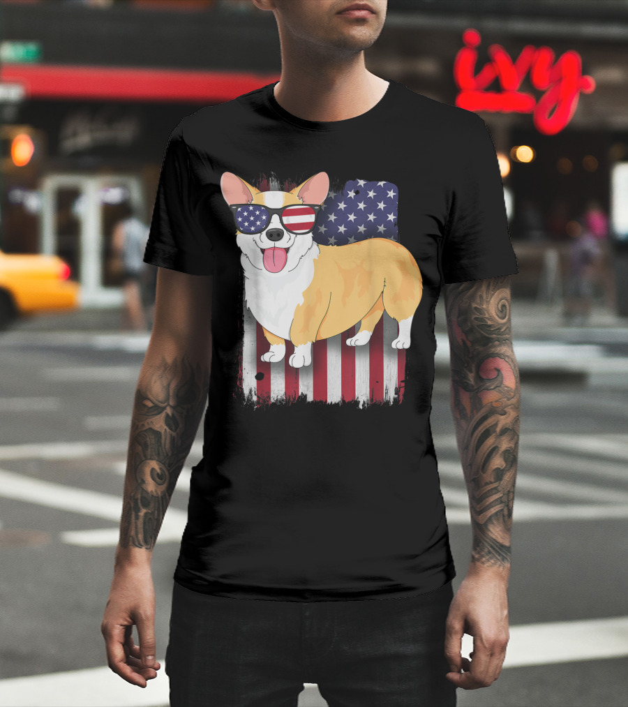 Corgi With Sunglasses American Flag Background T-Shirt