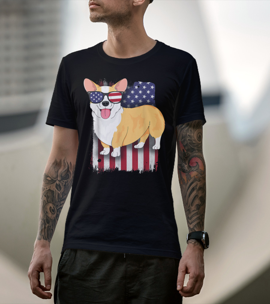 Corgi With Sunglasses American Flag Background T-Shirt