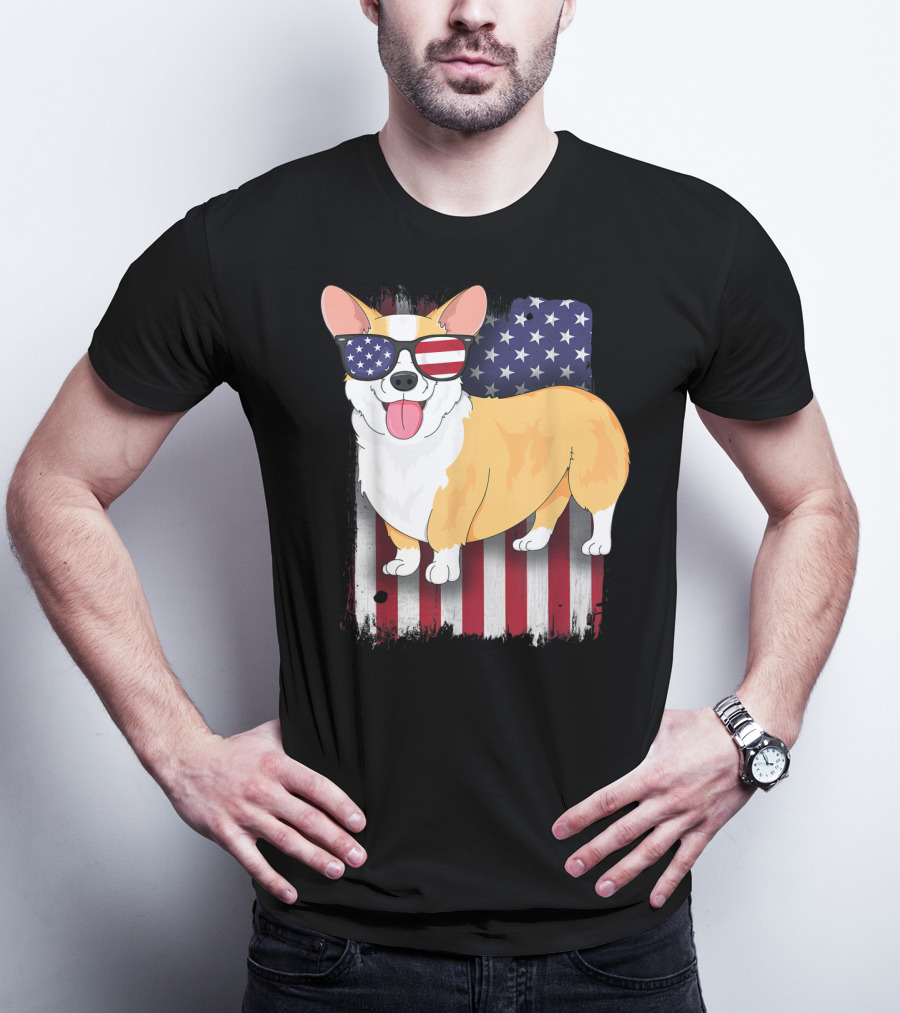Corgi With Sunglasses American Flag Background T-Shirt