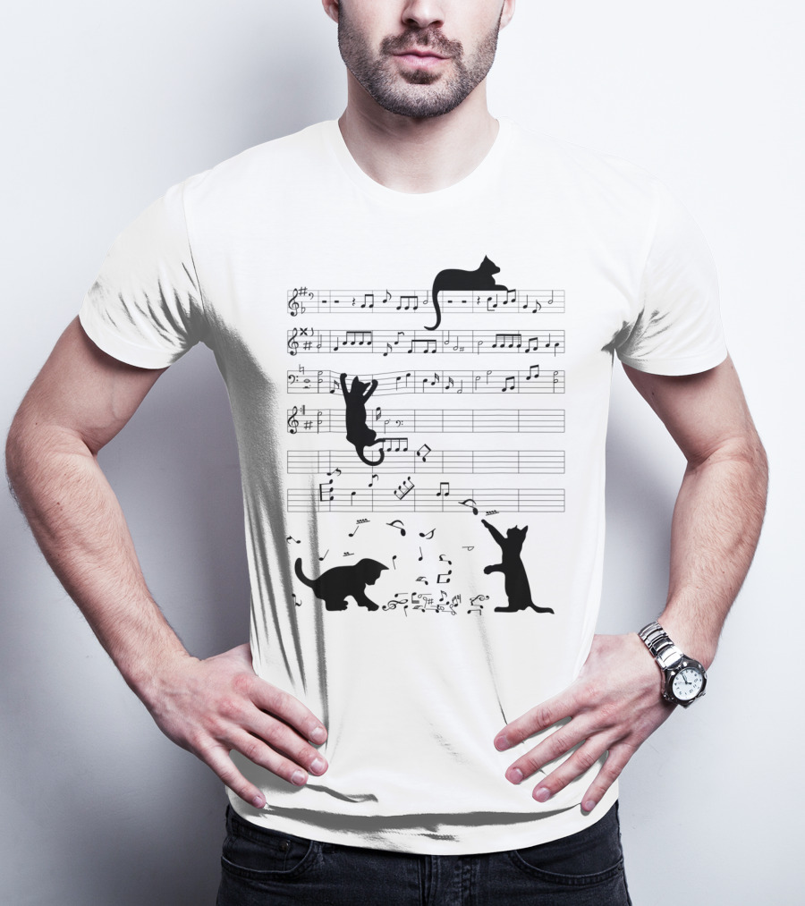 Cute Cat Kitty Climbing And Sitting With Music Notes And Clef T-Shirt
