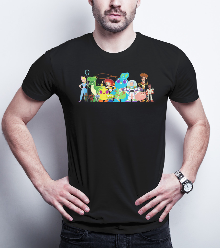 Disney Pixar Toy Story 4 Buzz Woody Bo Peep Buzz Lightyear Rex Jessie Hamm Ducky Bunny Forky Group Character T-Shirt