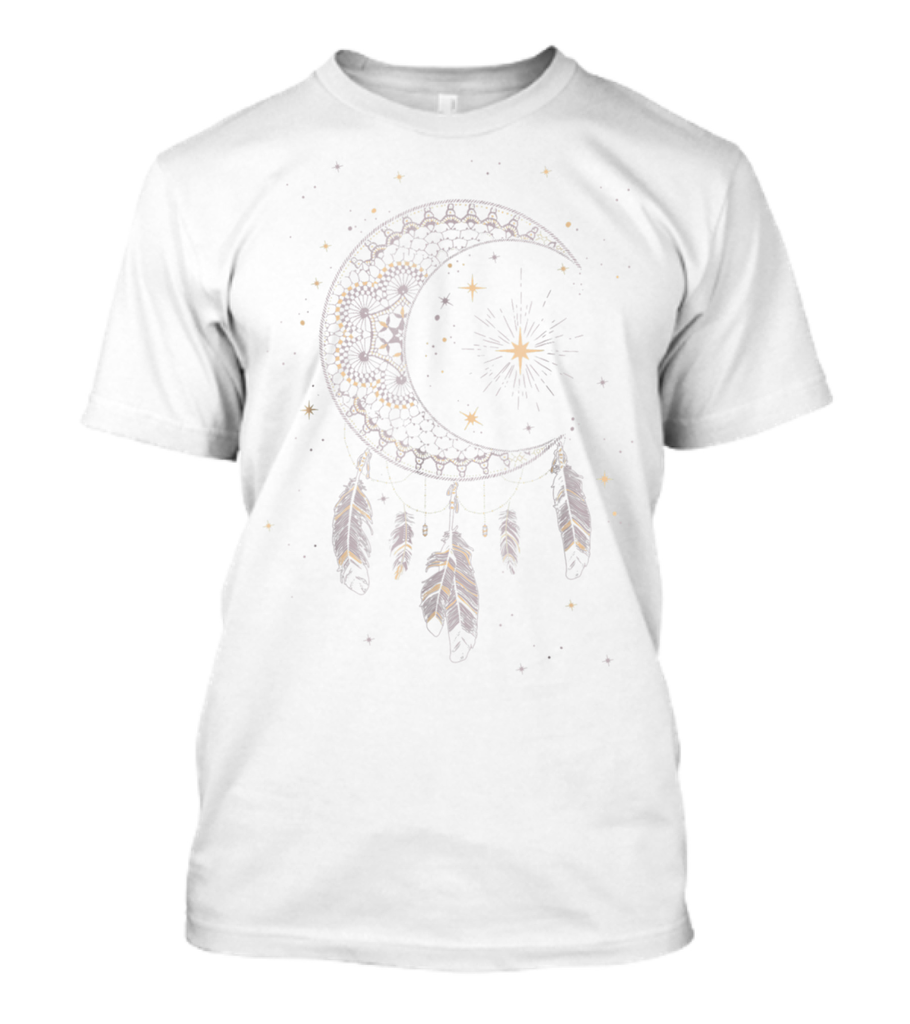 Dream Catcher Crescent Moon With Stars And Feathers Boho T-Shirt