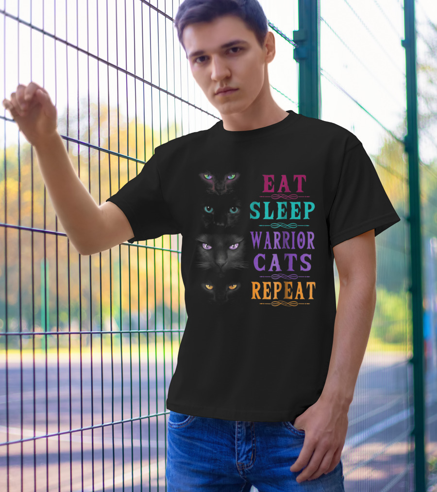 Eat Sleep Warrior Cats Repeat Four Cats Eyes T-Shirt