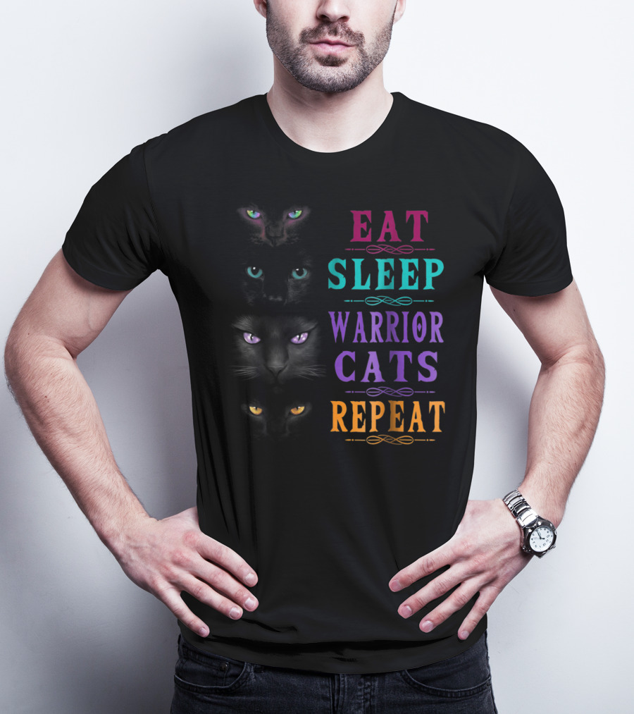 Eat Sleep Warrior Cats Repeat Four Cats Eyes T-Shirt