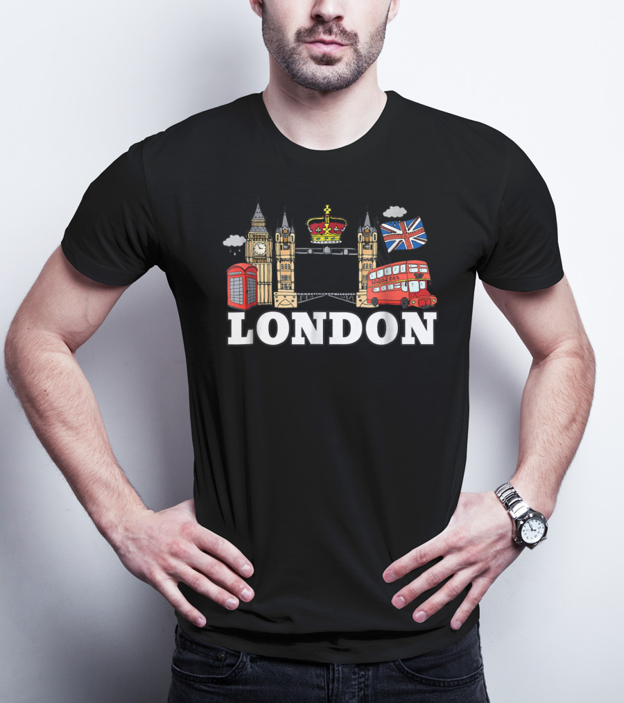 Big Ben Tower Bridge Crown London Bus Phone Box Union Jack Cloud T-Shirt