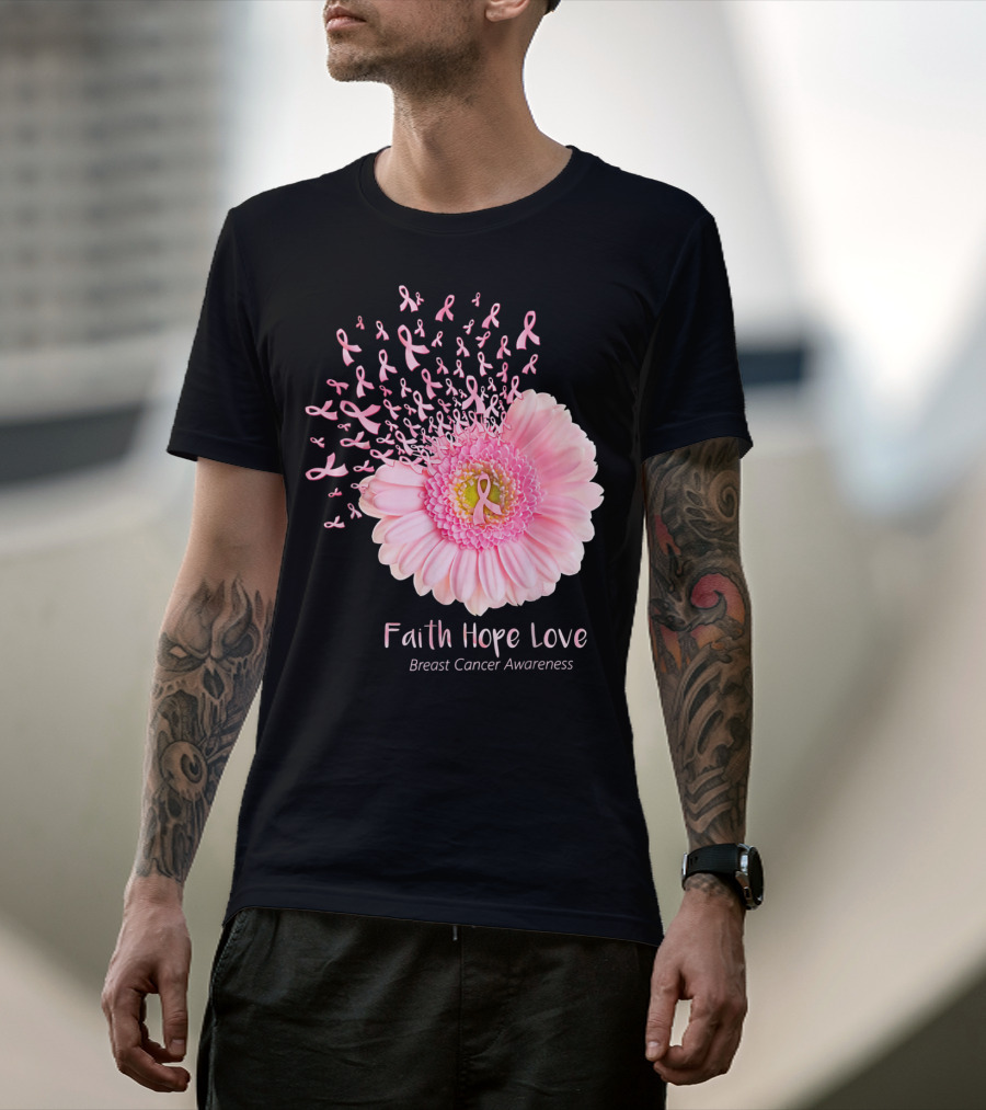 Faith Hope Love Breast Cancer Awareness Pink Ribbon Flower Explosion T-Shirt