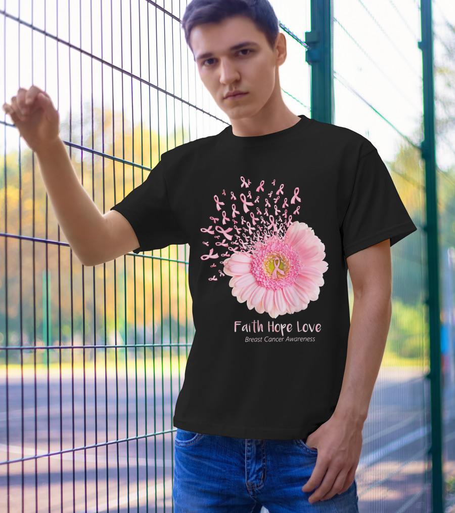 Faith Hope Love Breast Cancer Awareness Pink Ribbon Flower Explosion T-Shirt