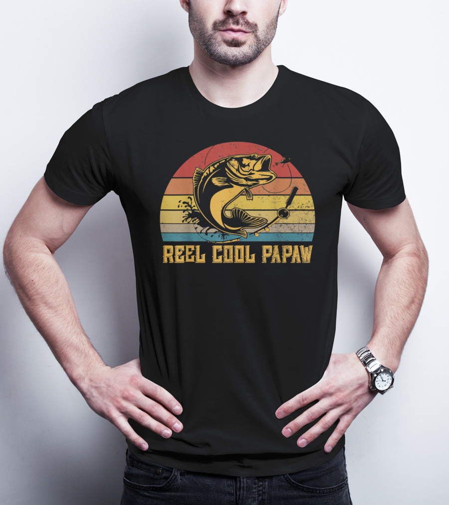 Father's Day Vintage Reel Cool Papaw Fishing Retro Stripes T-Shirt
