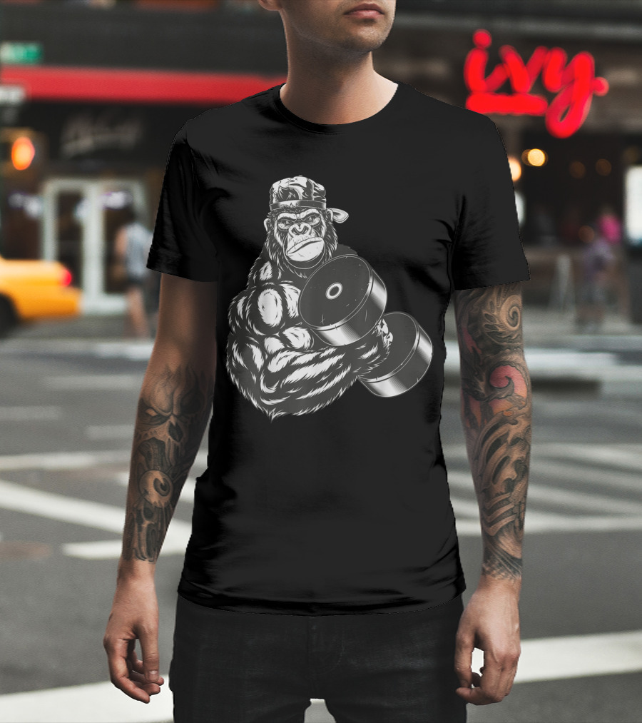 Ferocious Gorilla Bodybuilder Lifting Large Dumbbell In Cap T-Shirt