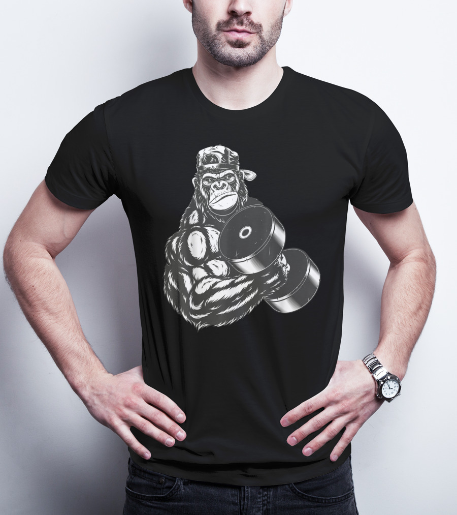 Ferocious Gorilla Bodybuilder Lifting Large Dumbbell In Cap T-Shirt
