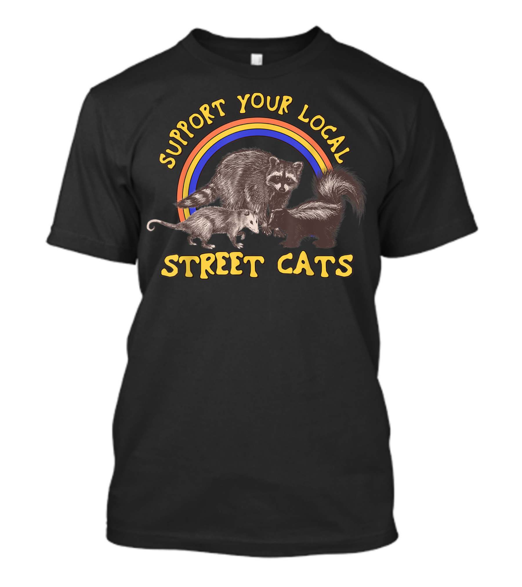Support Your Local Street Cats Funny Raccoon Rainbow Trio T-Shirt