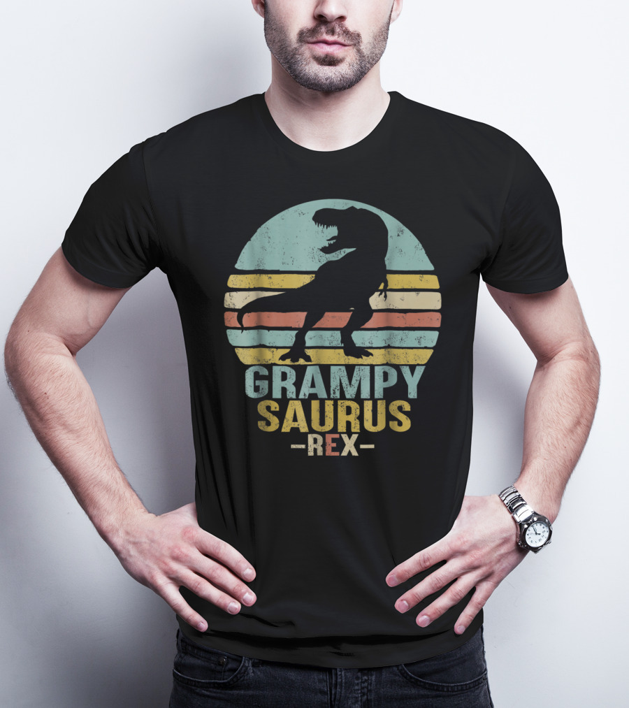 Grampysaurus Rex Funny Dinosaur Retro Sunset Stripes Grampy Sau T-Shirt