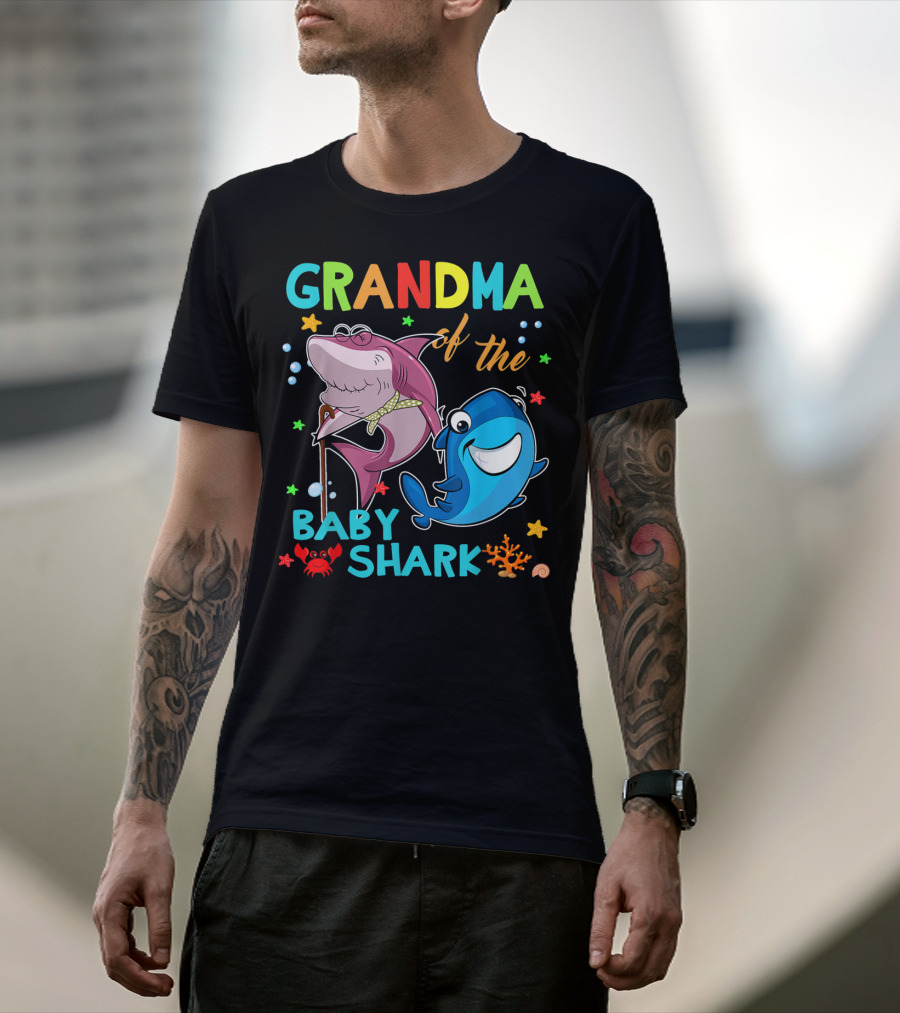 Grandma Of The Baby Shark With Colorful Cartoon Sharks And Sea Creatures T-Shirt