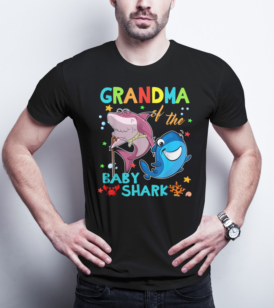 Grandma Of The Baby Shark With Colorful Cartoon Sharks And Sea Creatures T-Shirt