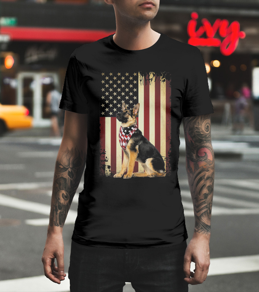 German Shepherd With American Flag Bandana In Front Of Stars And Stripes Flag T-Shirt
