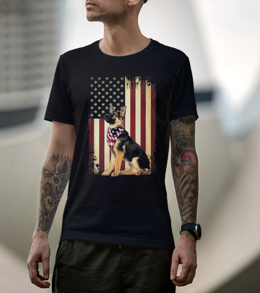 German Shepherd With American Flag Bandana In Front Of Stars And Stripes Flag T-Shirt