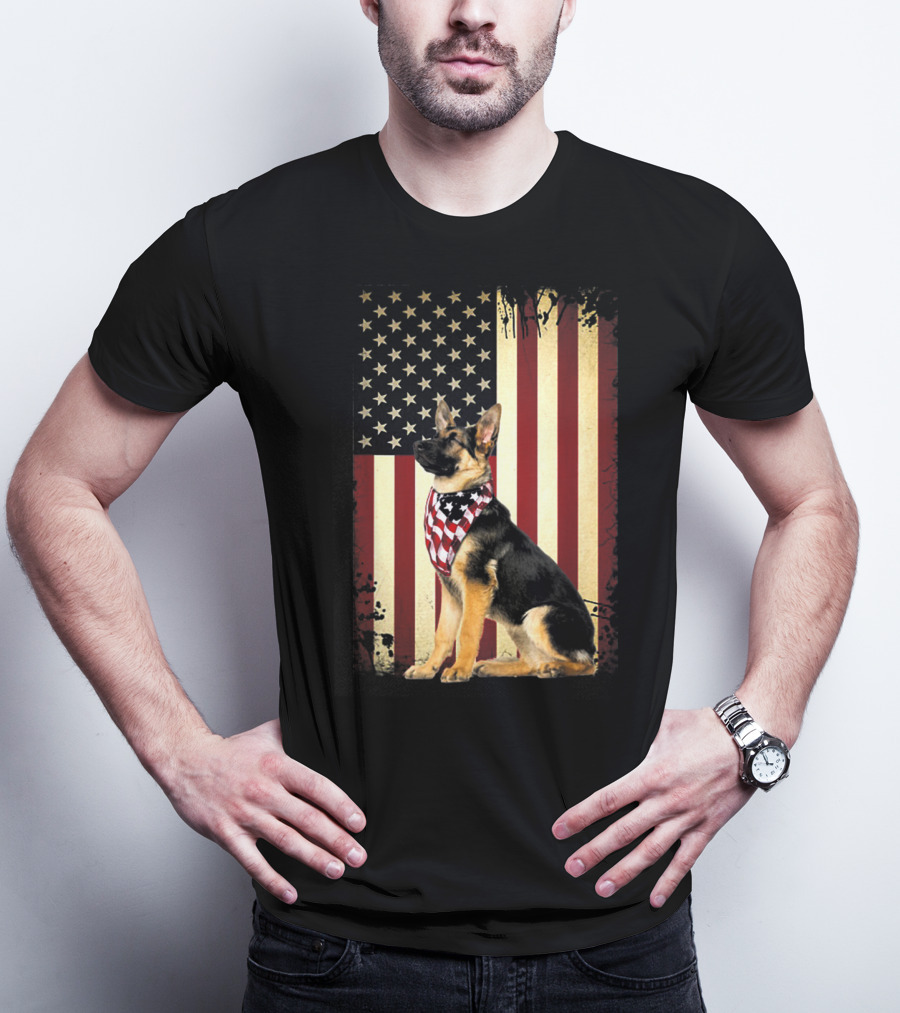 German Shepherd With American Flag Bandana In Front Of Stars And Stripes Flag T-Shirt