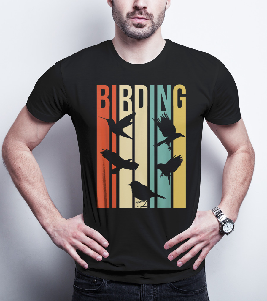 Vintage Style Birding For Birders With Silhouette Birds In Colorful Stripes T-Shirt