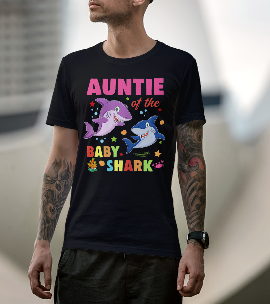 Auntie Of The Baby Shark Birthday Colorful Cartoon Sea Creatures T-Shirt