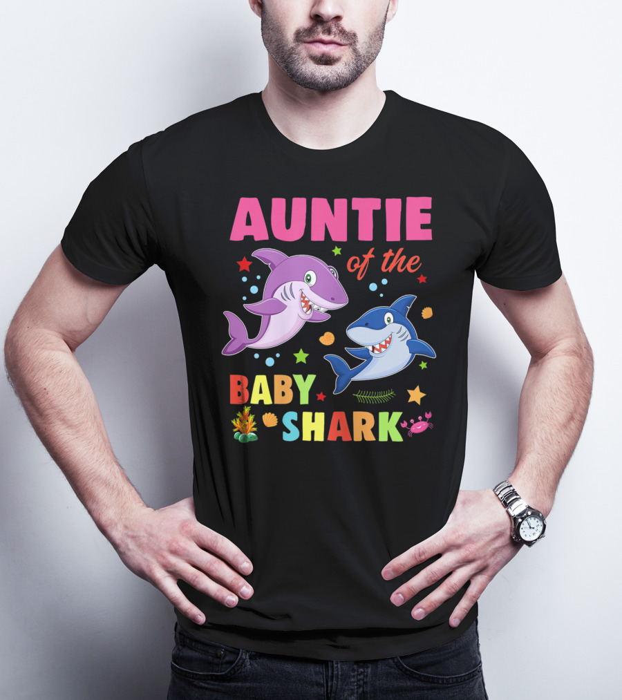 Auntie Of The Baby Shark Birthday Colorful Cartoon Sea Creatures T-Shirt