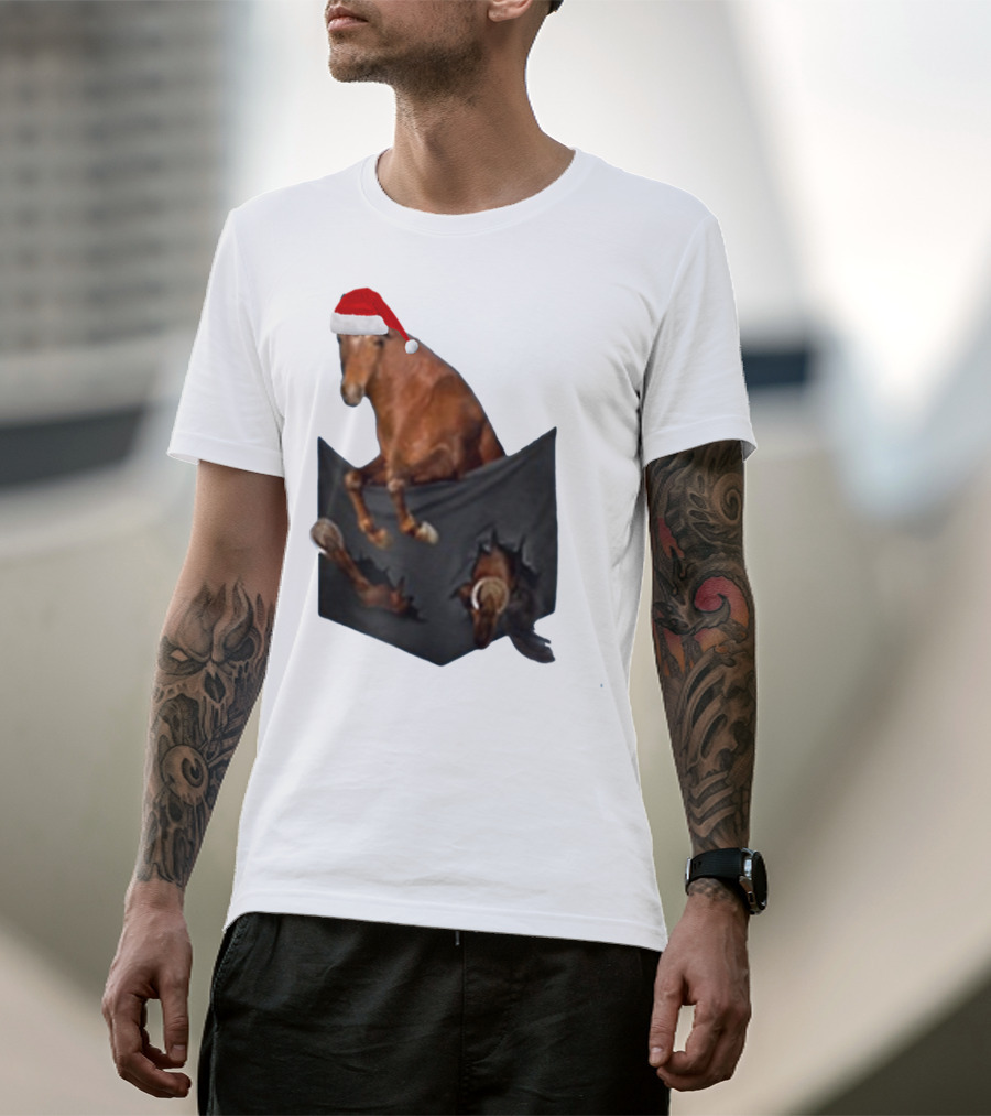 Santa Hat Criollo Horse Bursting From Pocket T-Shirt