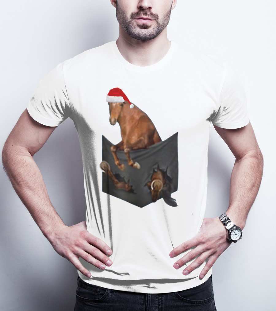 Santa Hat Criollo Horse Bursting From Pocket T-Shirt
