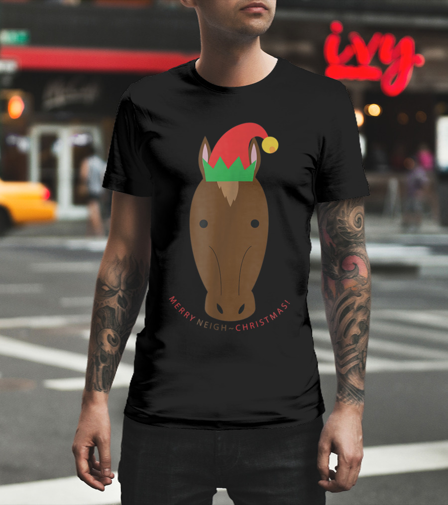 Merry Neigh Christmas Cute Horse Face Character T-Shirt