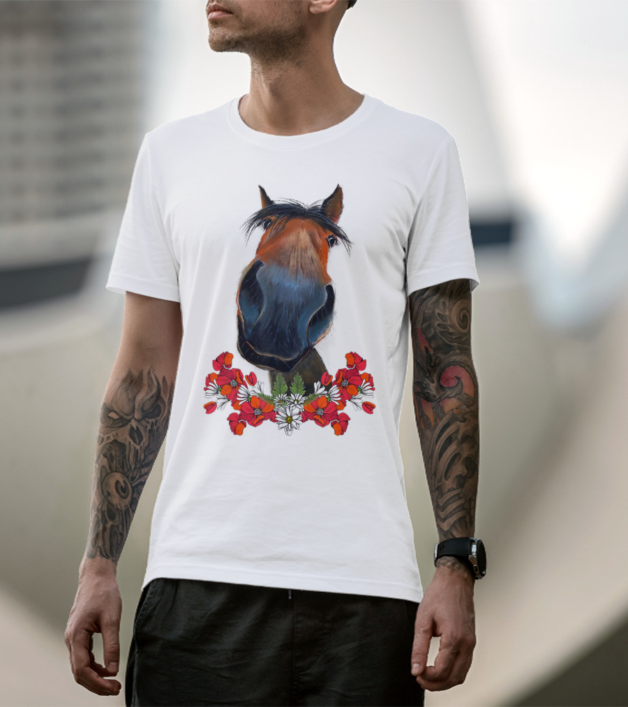 Adorable Horse With Red And White Flowers T-Shirt