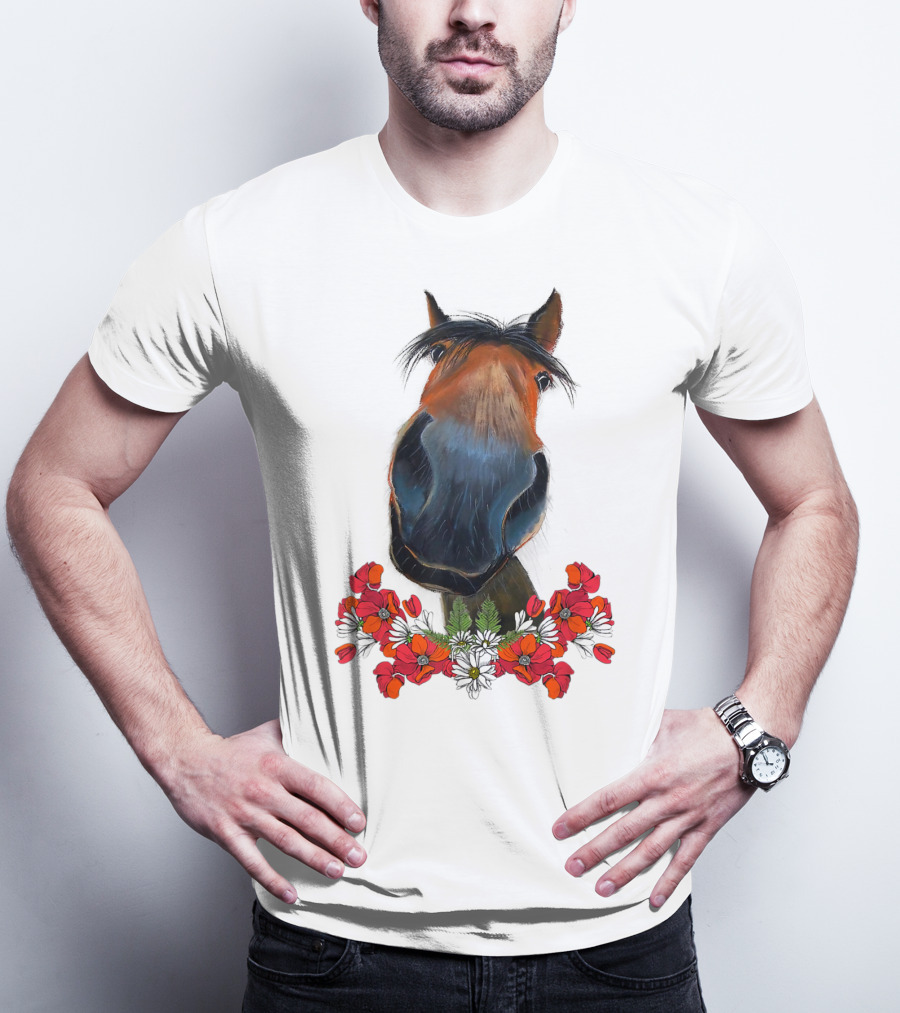 Adorable Horse With Red And White Flowers T-Shirt