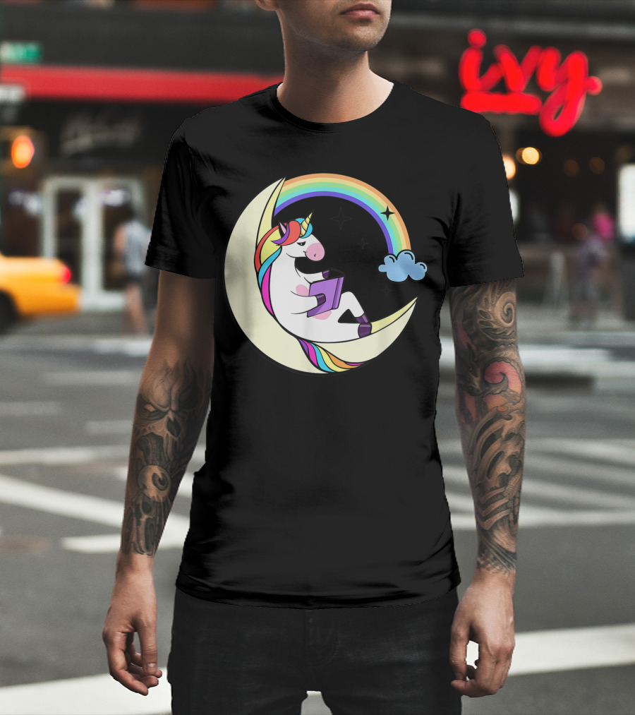Unicorn Reading Book On Moon With Rainbow And Stars T-Shirt