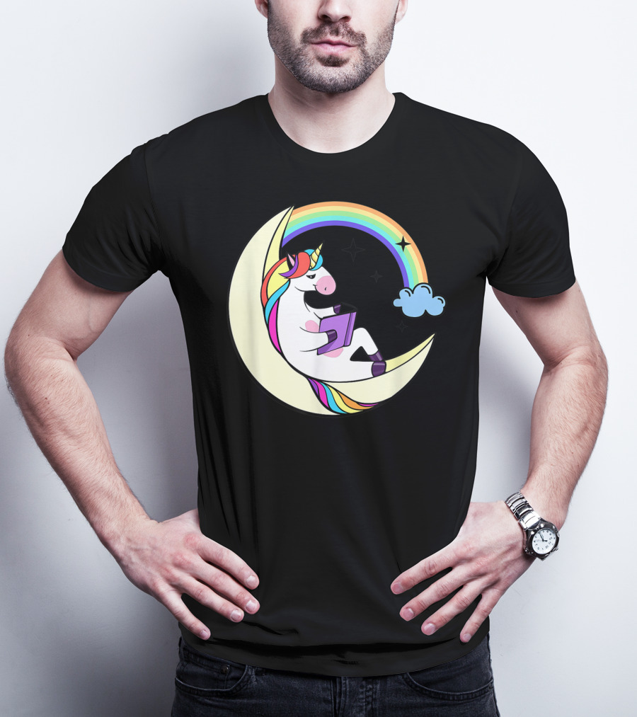 Unicorn Reading Book On Moon With Rainbow And Stars T-Shirt