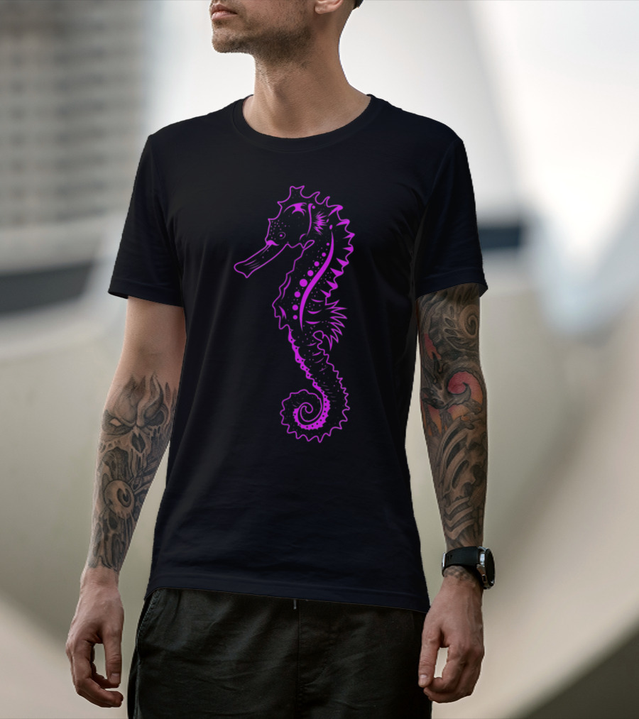 Cute Seahorse Sea Horse Neon Purple Black Sea Creature T-Shirt