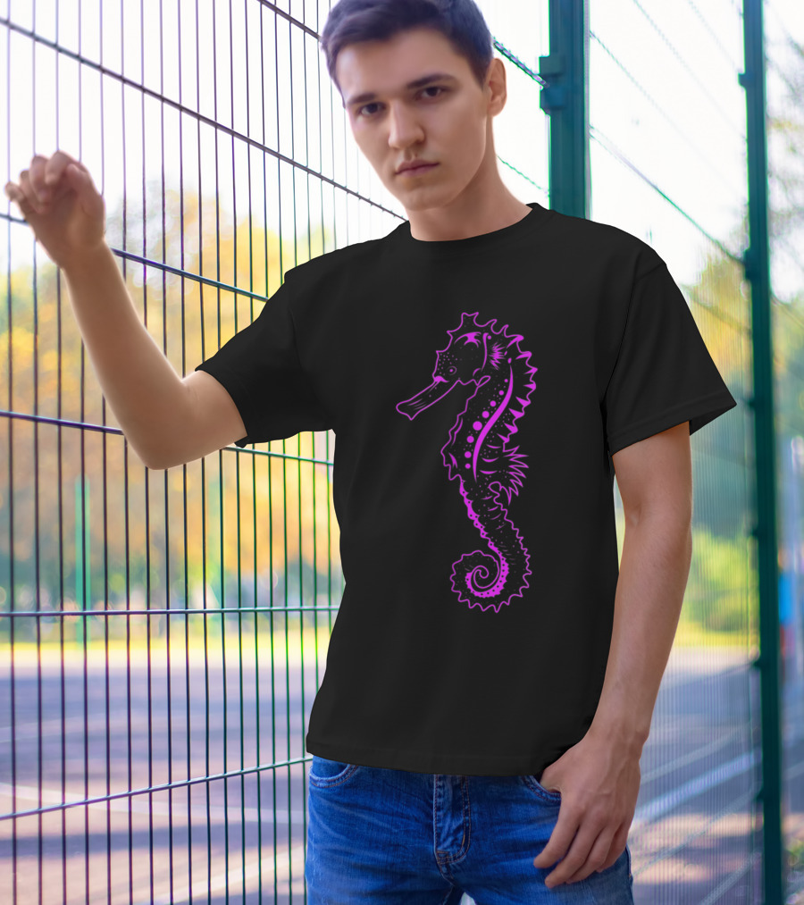 Cute Seahorse Sea Horse Neon Purple Black Sea Creature T-Shirt