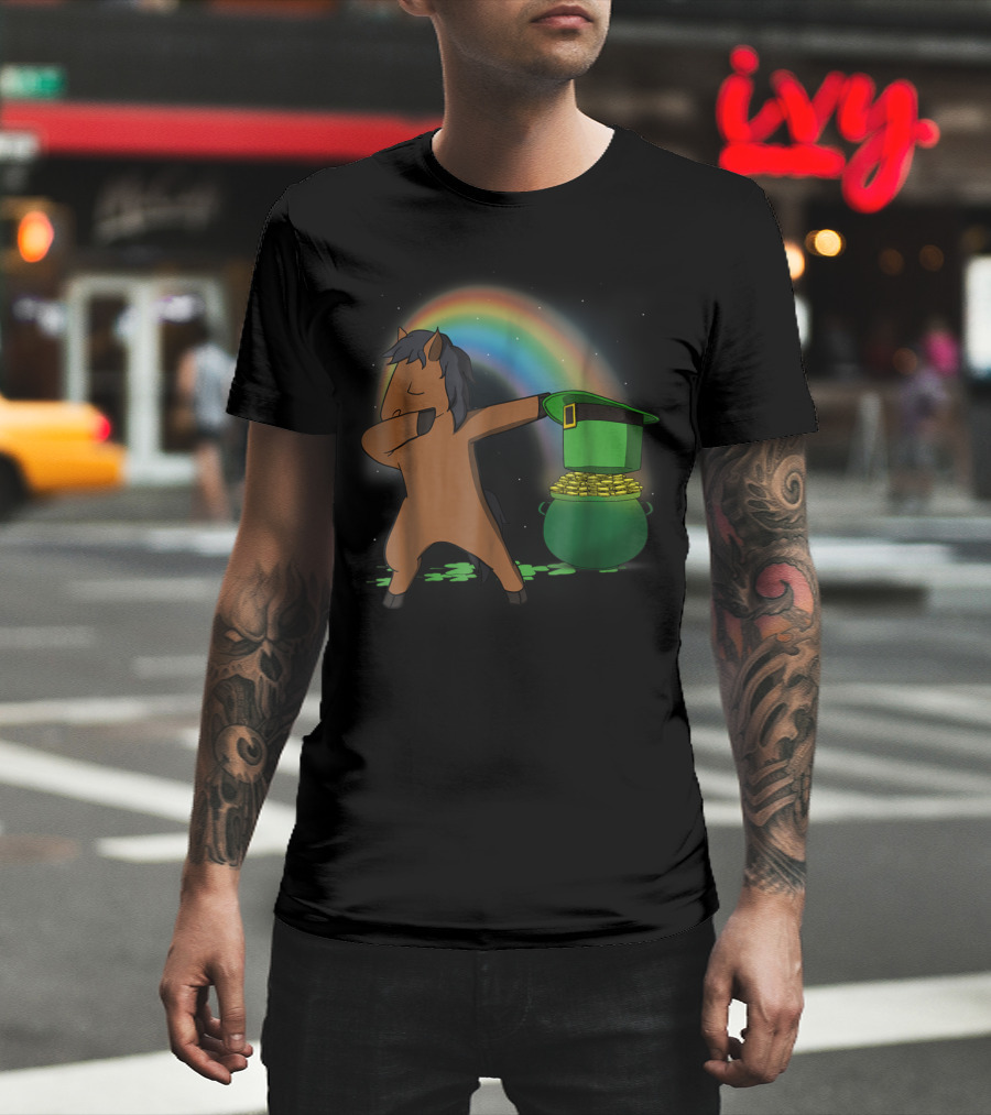 Dabbing Horse Leprechaun With Pot Of Gold And Rainbow T-Shirt