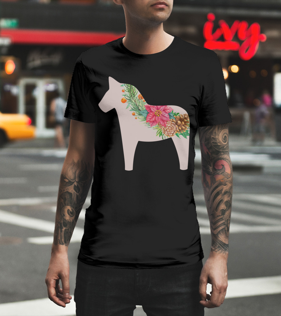 Dala Horse Swedish Christmas Floral Design Sweden T-Shirt