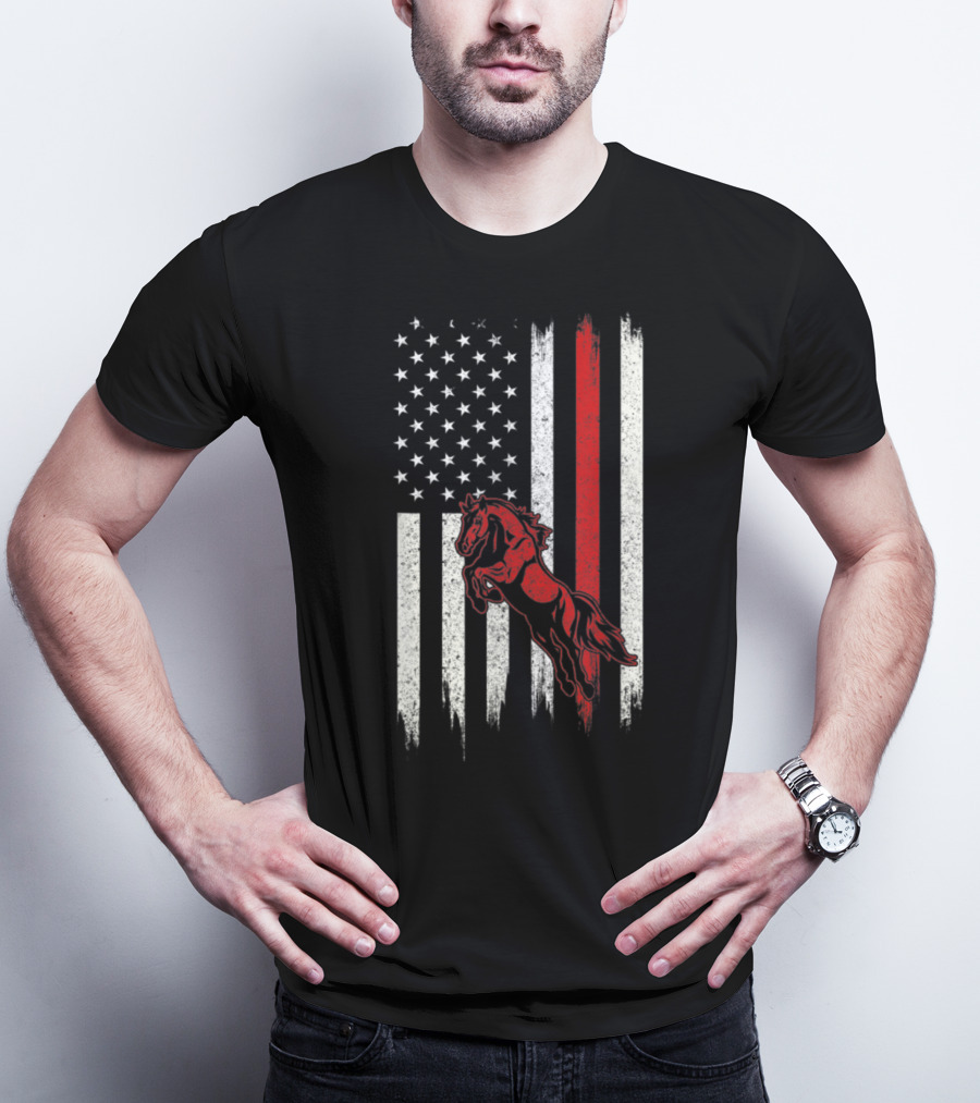 Distressed American Flag With Red Horse T-Shirt