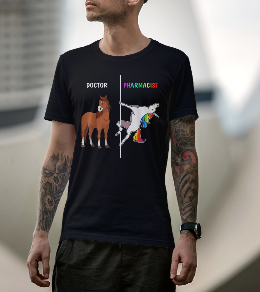 Doctor Horse Vs. Pharmacist Unicorn Rainbow Contrast T-Shirt
