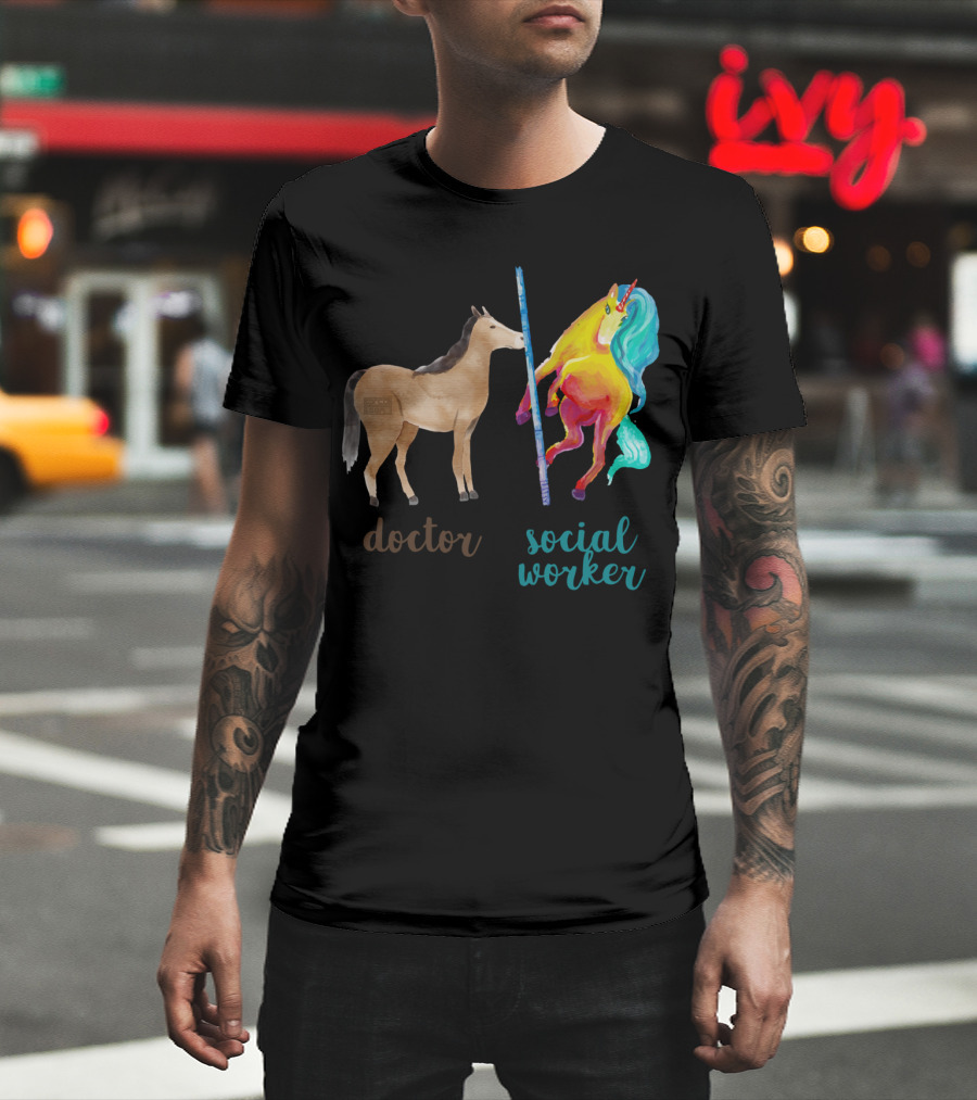 Doctor Horse And Social Worker Unicorn With Pole T-Shirt