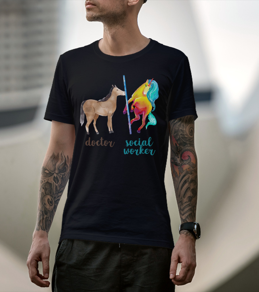 Doctor Horse And Social Worker Unicorn With Pole T-Shirt