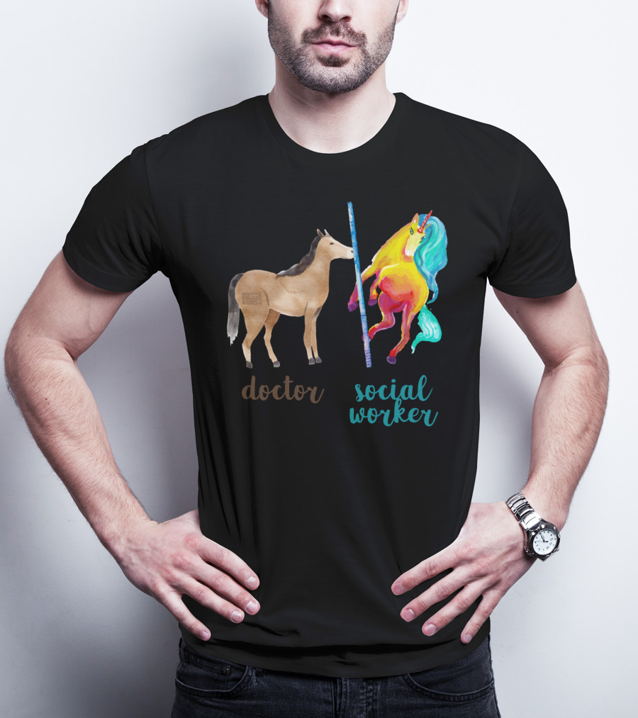 Doctor Horse And Social Worker Unicorn With Pole T-Shirt