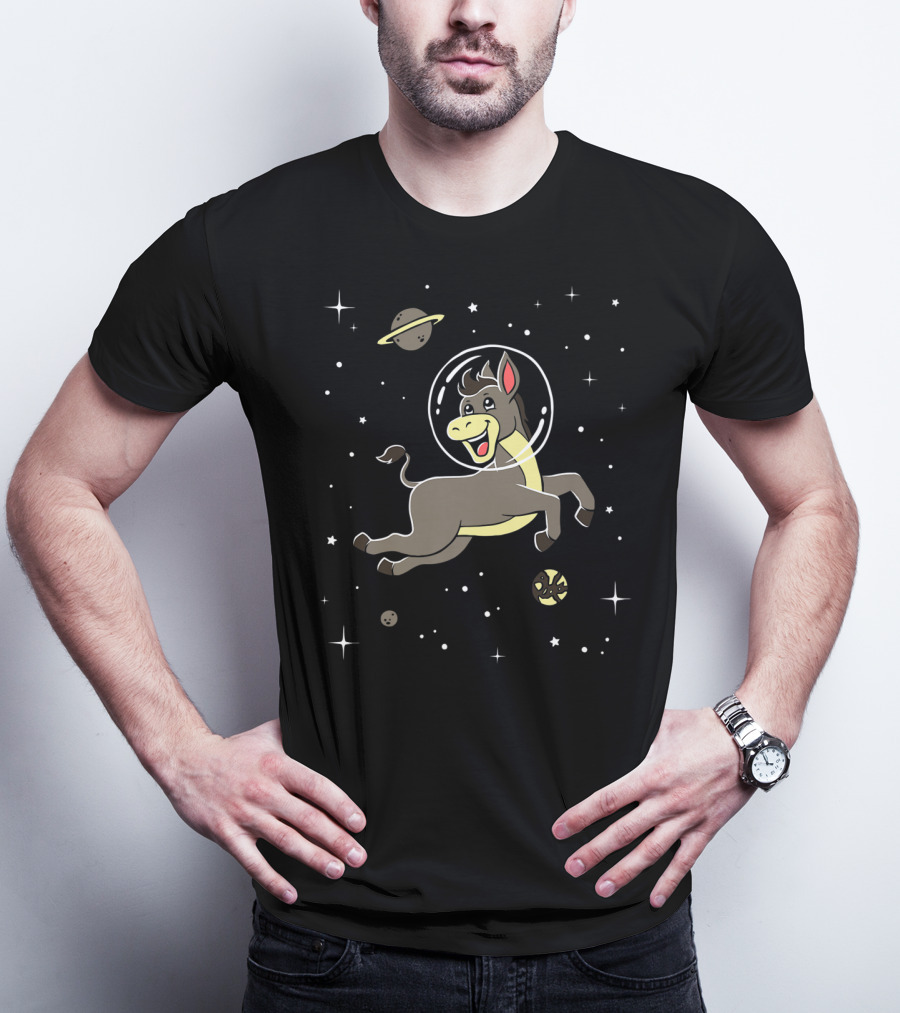 Space Adventure Cute Cartoon Donkey Horse With Astronaut Helmet T-Shirt