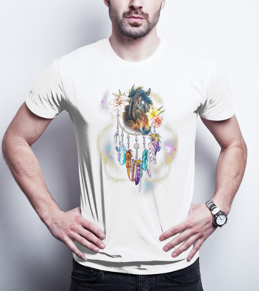 Dream Catcher Horse With Feathers And Flowers For Animal Lovers T-Shirt