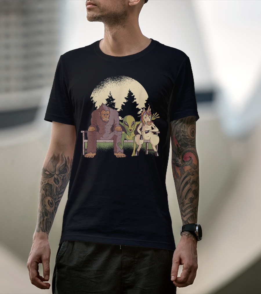 Creatures Monkey Alien Horse Forest Bench Scene T-Shirt