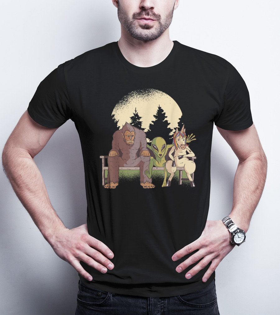 Creatures Monkey Alien Horse Forest Bench Scene T-Shirt