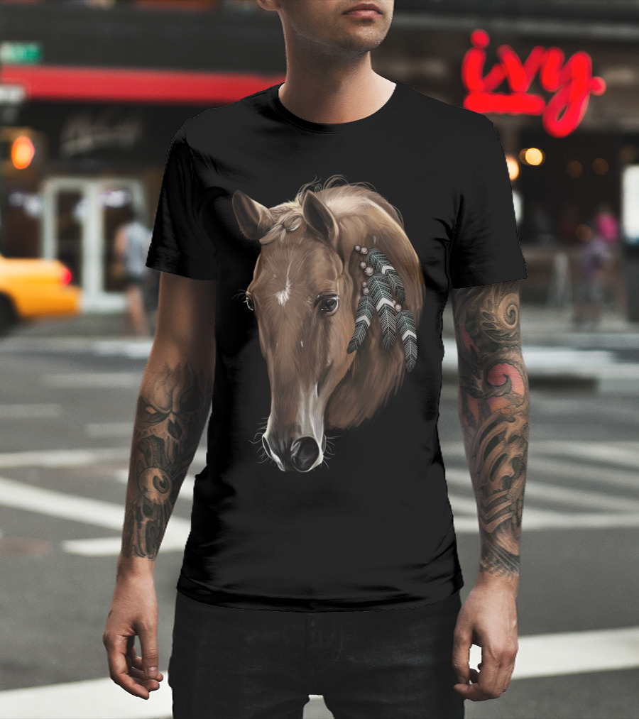 Cute Brown Tribal Horse With Feather Adornments T-Shirt