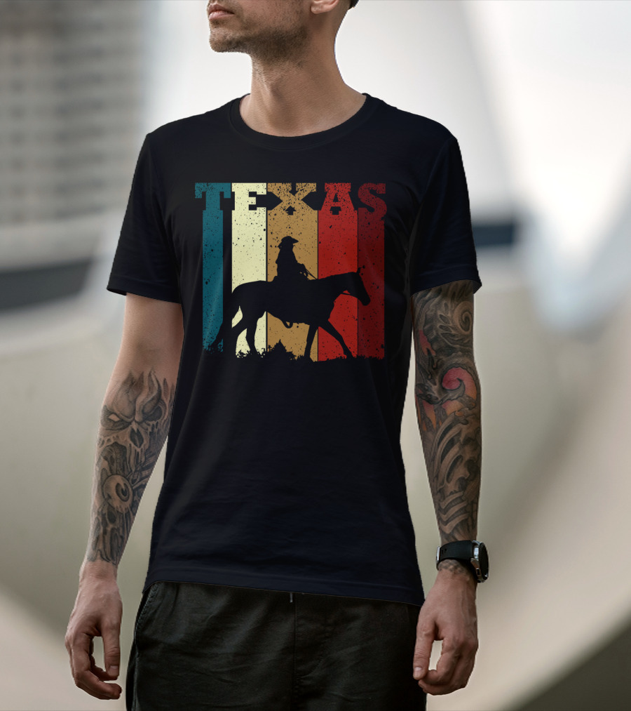 Texas Vintage Cowboy Horse Silhouette Distressed Stripes T-Shirt