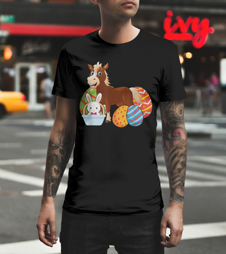Funny Easter Horse Bunny With Colorful Eggs Happy Easter T-Shirt