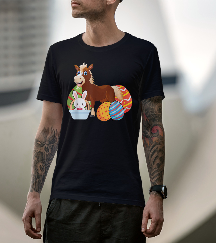 Funny Easter Horse Bunny With Colorful Eggs Happy Easter T-Shirt