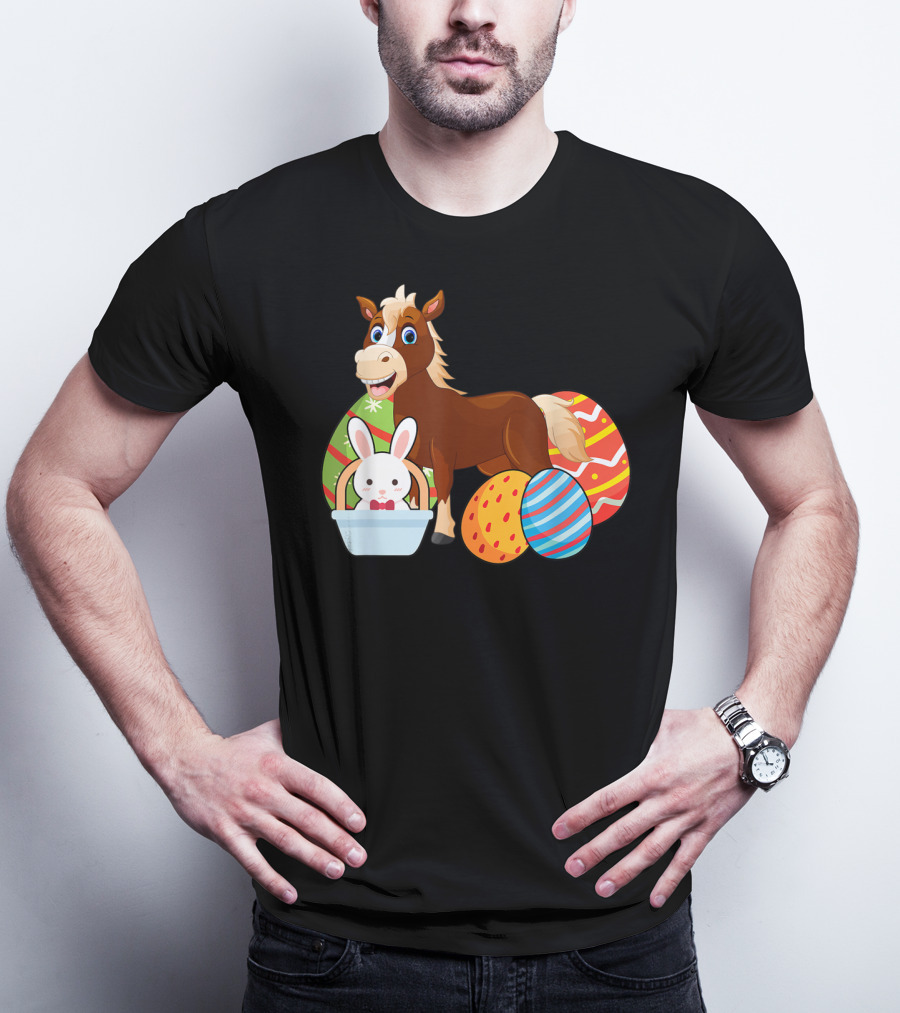 Funny Easter Horse Bunny With Colorful Eggs Happy Easter T-Shirt