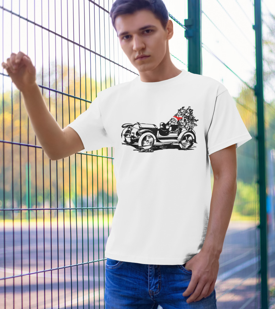 Santa Driving Vintage Car With Christmas Tree Load T-Shirt